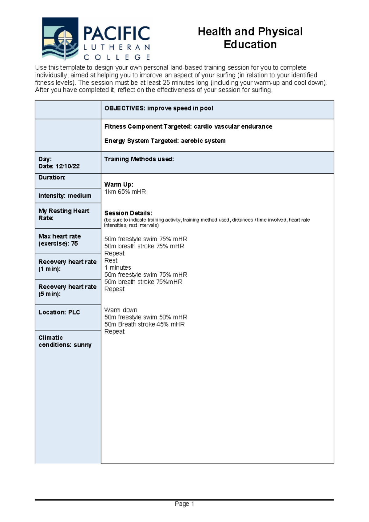 Training session template - Health and Physical Education Use this ...