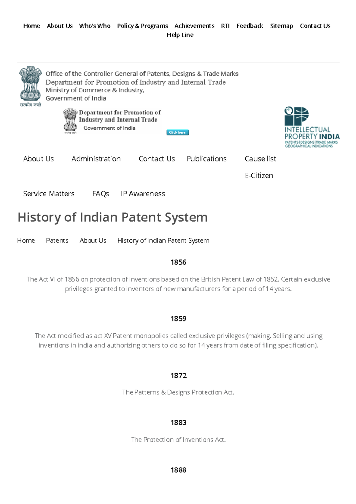 History of Patent Act - iPR - History of Indian Patent System Home ...