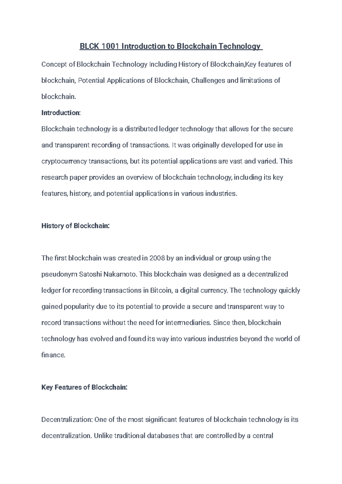 BLCK 1001 Introduction to Blockchain Technology - BLCK 1001 ...