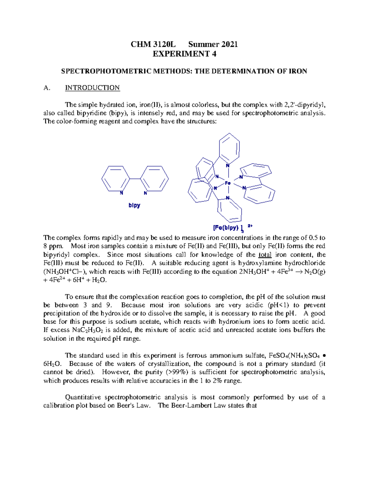EXP 4 Spec Fe - lab report - The complex forms rapidly and may be used ...