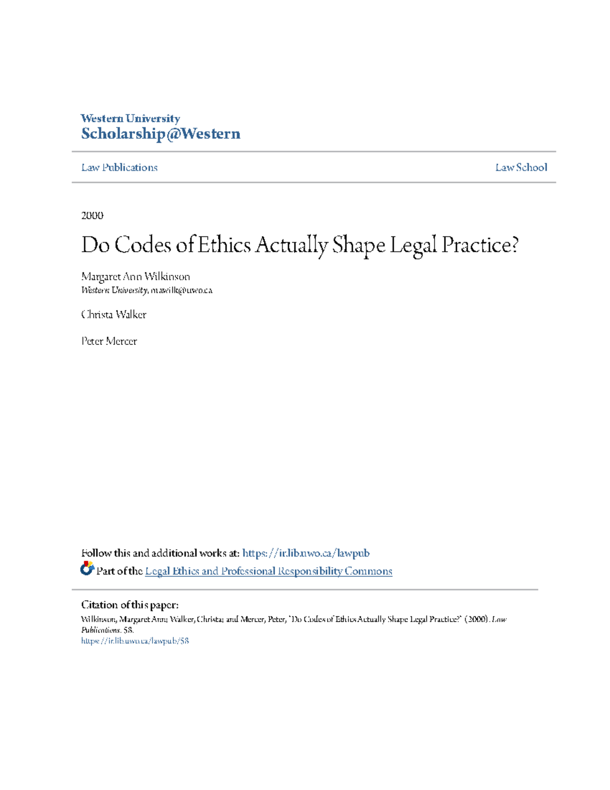 Do Codes of Ethics Actually Shape Legal Practice - Western University ...