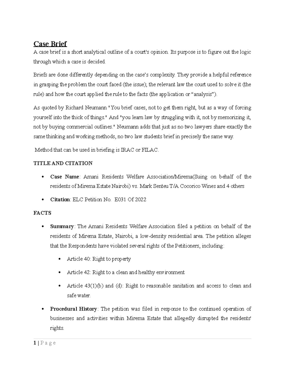Sample Case Brief - ............... - Case Brief A case brief is a ...