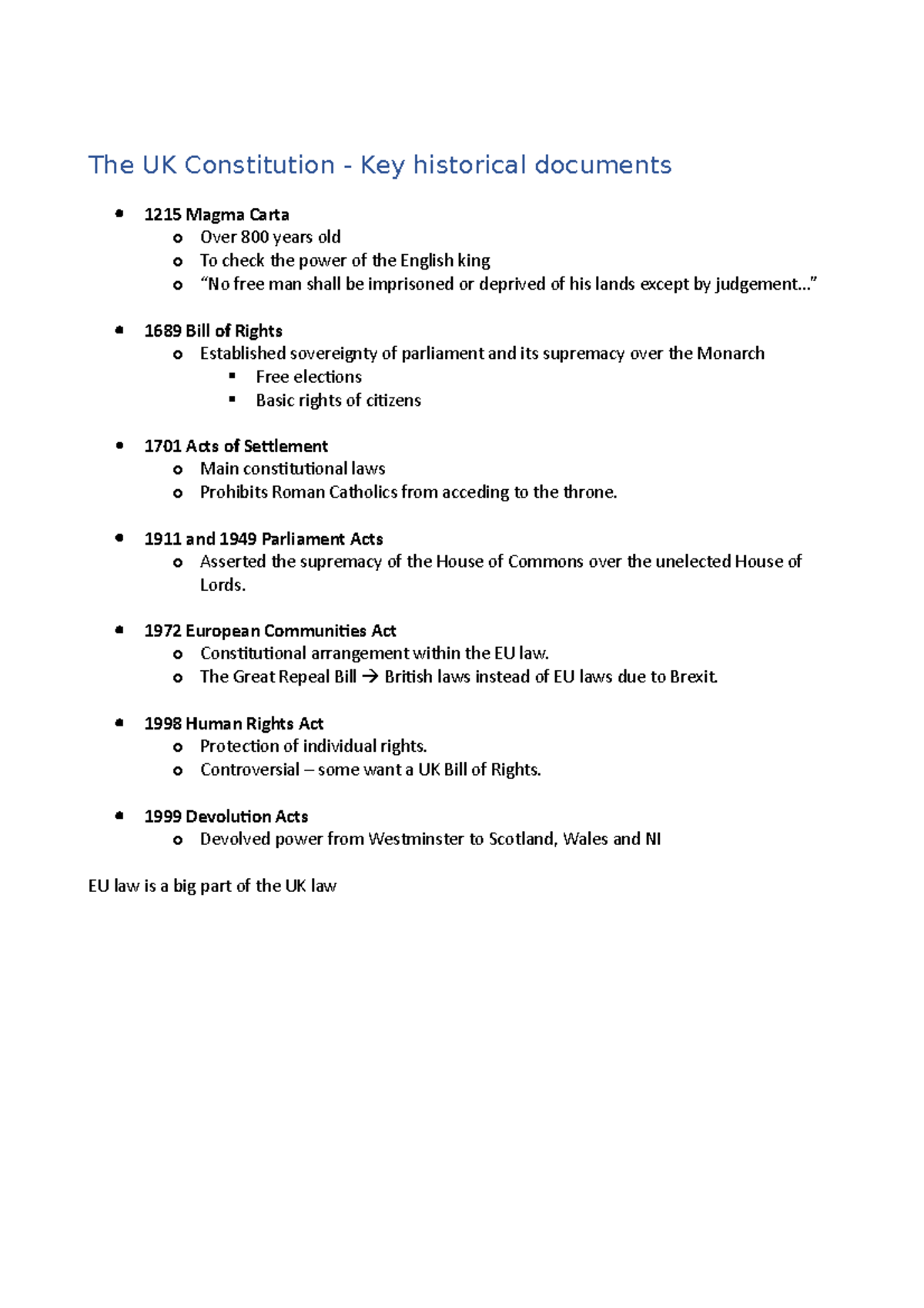 The UK Constitution - Key historical documents - ..” 1689 Bill of ...