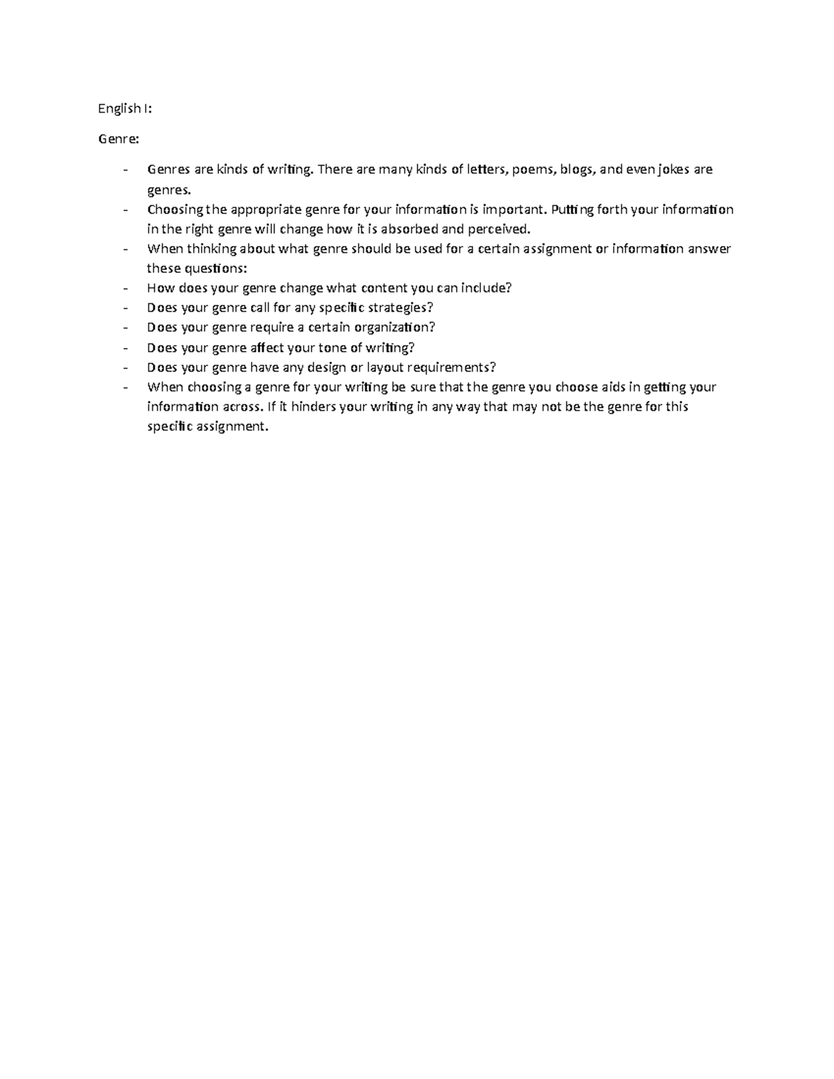 Genre - English I: Genre: Genres are kinds of writing. There are many ...