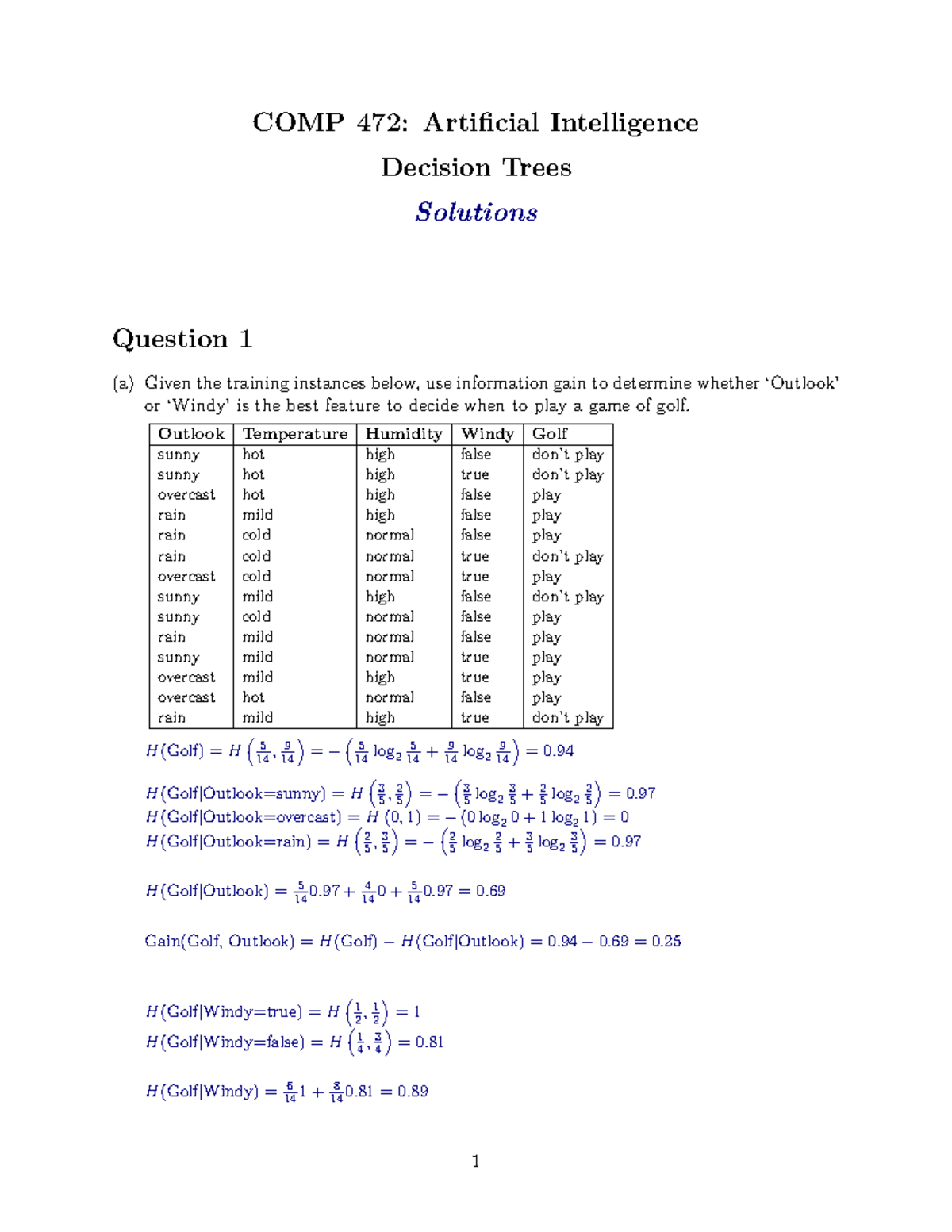 Decision Trees Lab with Solutions - COMP 472: Artificial Intelligence ...