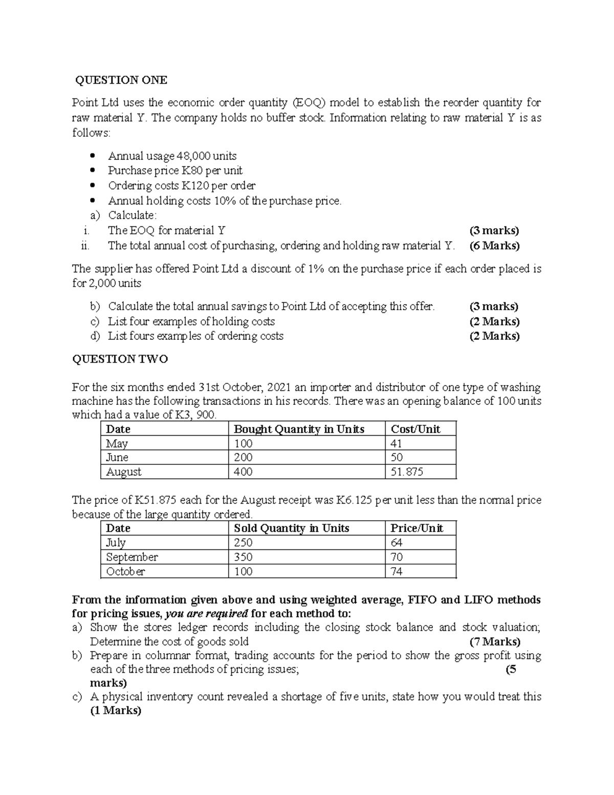 310 Test II-III 7-7-22 - practical questions - QUESTION ONE Point Ltd ...