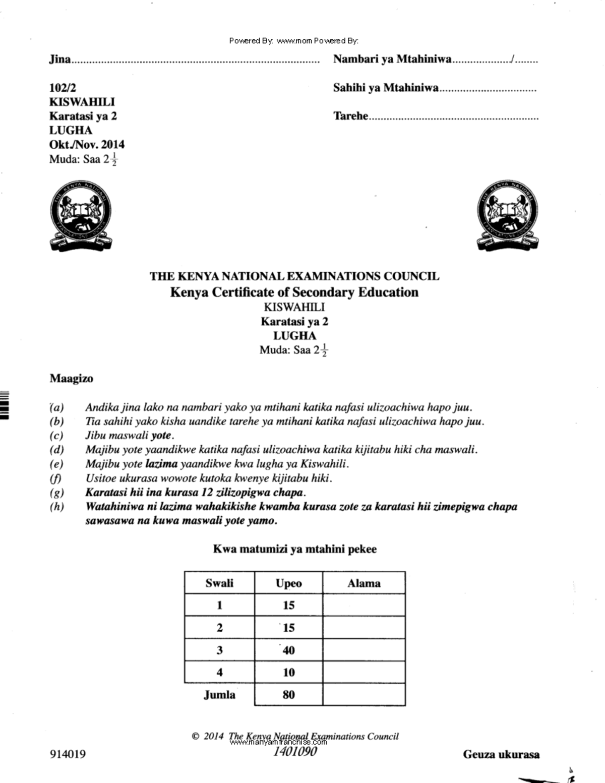 KCSE 2014 KIS PP2 - Mr David - PH 504 - Powered By: mom Powered By: manyamfranchise - Studocu