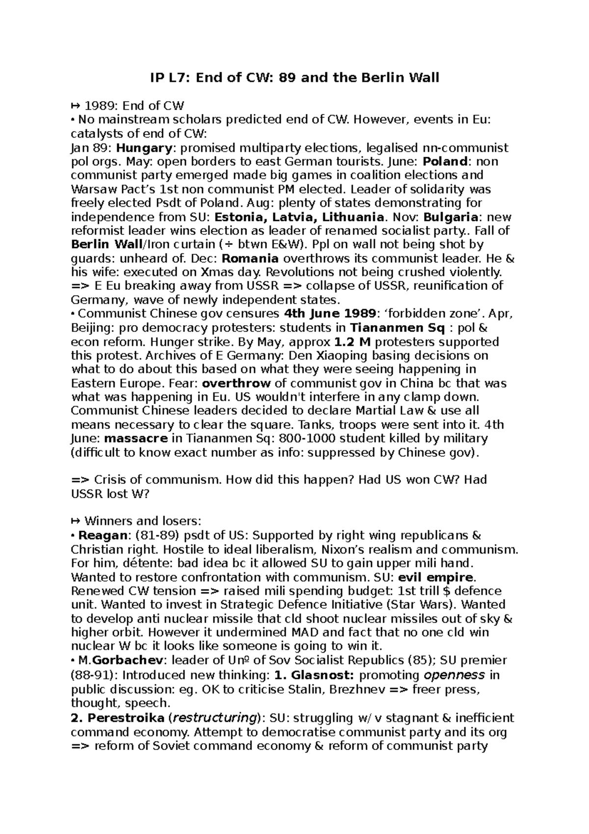 International Politics lecture End of the Cold War - IP L7: End of CW ...