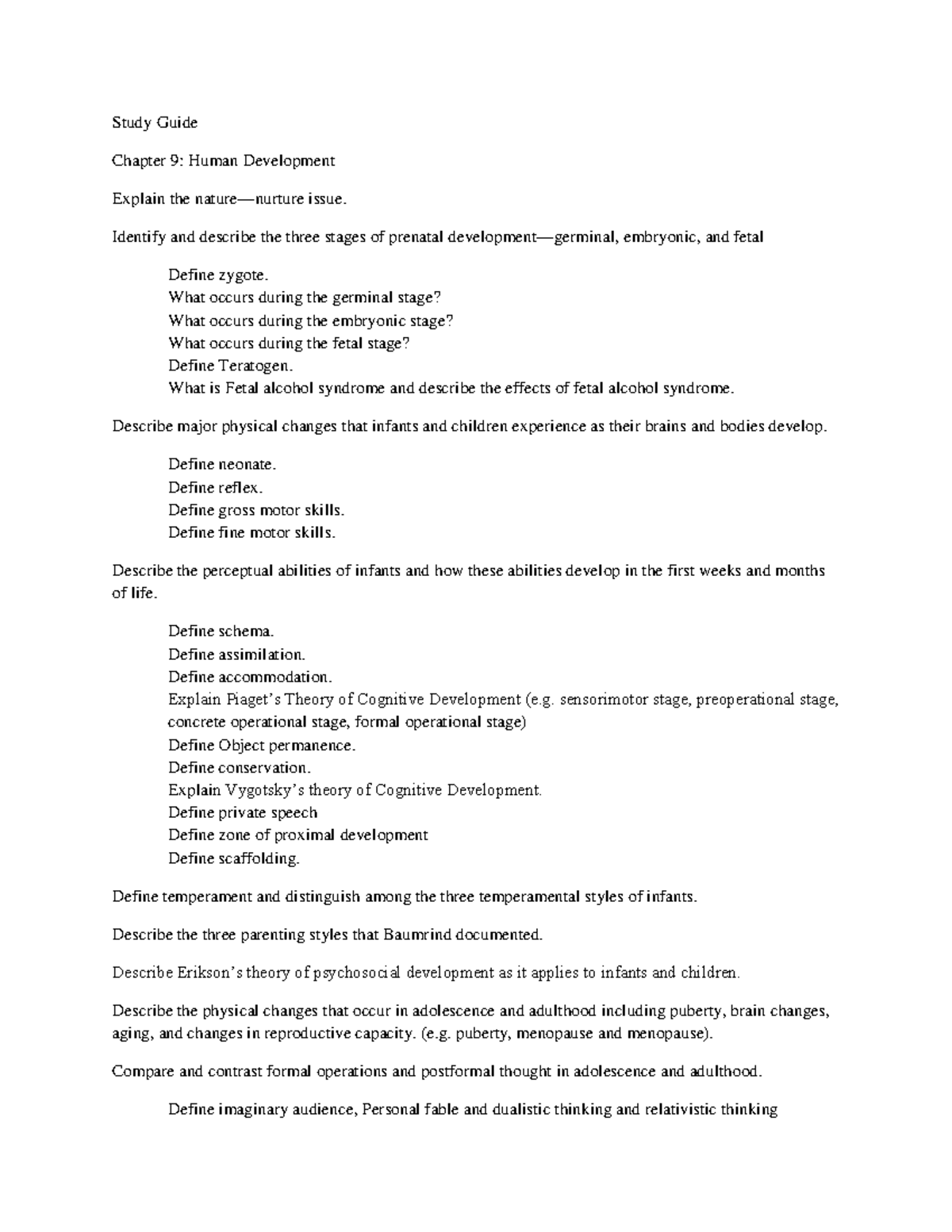 Chapter 9 Study Guide - N/a - Study Guide Chapter 9: Human Development ...
