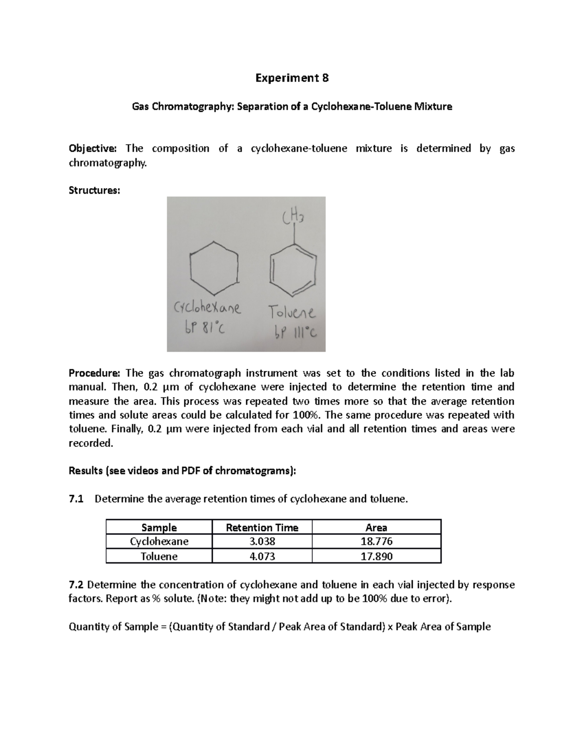 GC separation cyclohexane and toluene exp 8 - Experiment 8 Gas ...