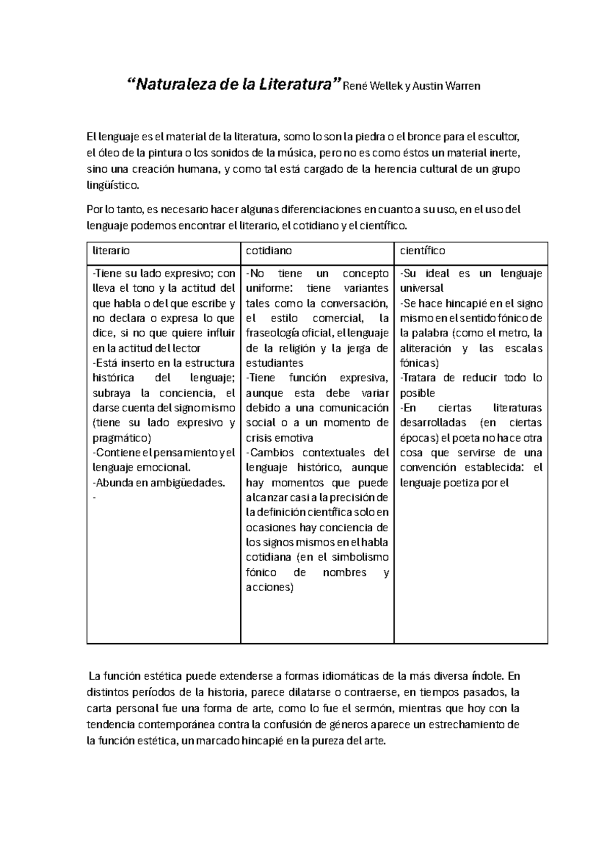 Wellek y warren - “Naturaleza de la Literatura” René Wellek y Austin ...