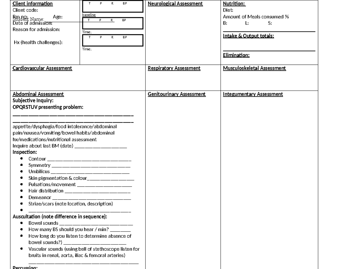 Abdominal - NOTES - Student Name: __________________________ Client ...