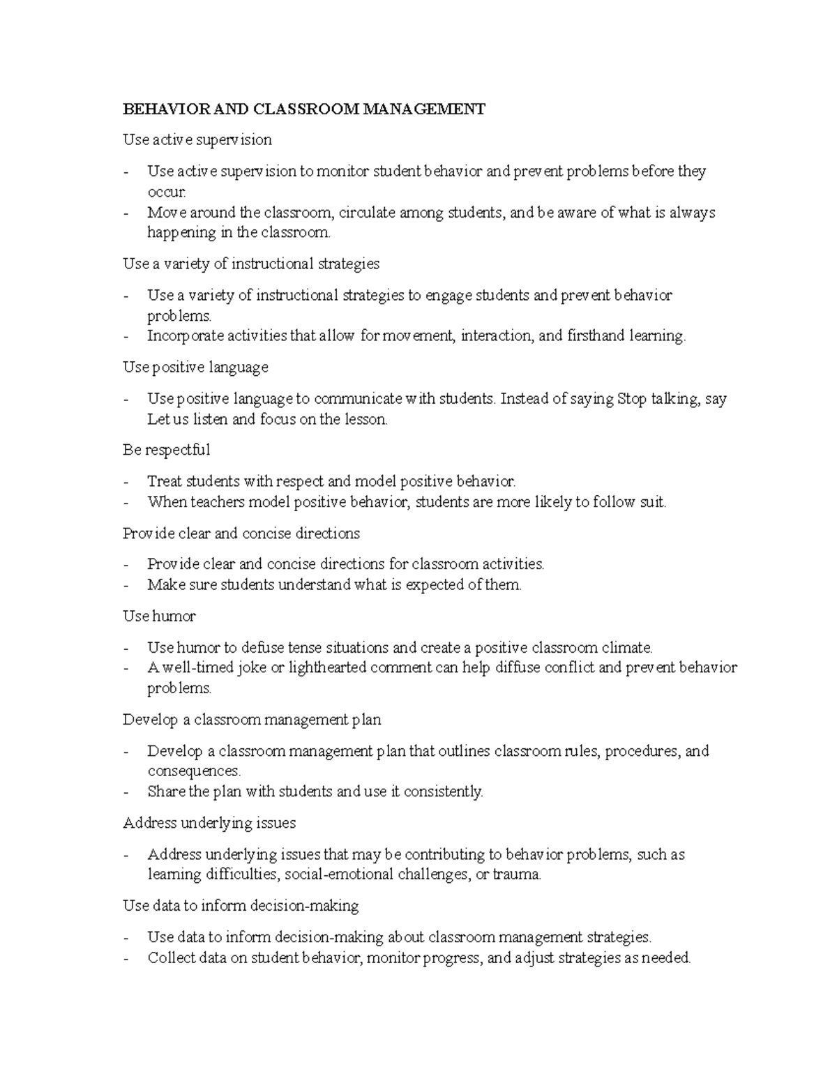 Behavior AND Classroom Management Notes 2 - BEHAVIOR AND CLASSROOM ...