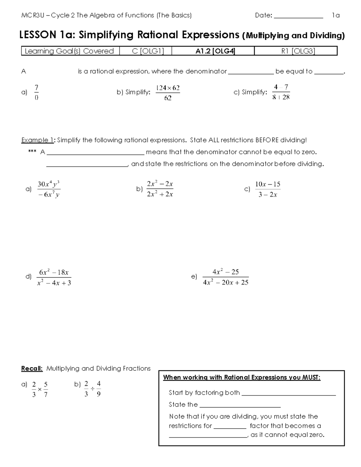 C2 - 1a - Simplifying Rational Expressions (with Multiply and Divide ...