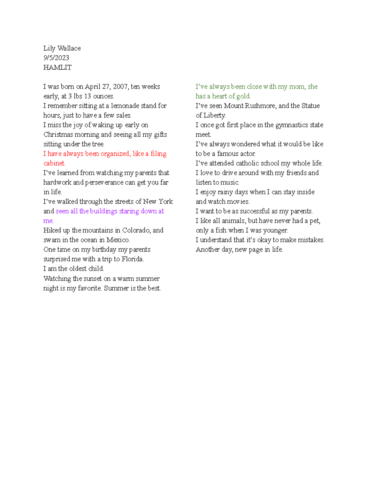 Random Autobiography - project - Lily Wallace 9/5/ HAMLIT I was born on ...