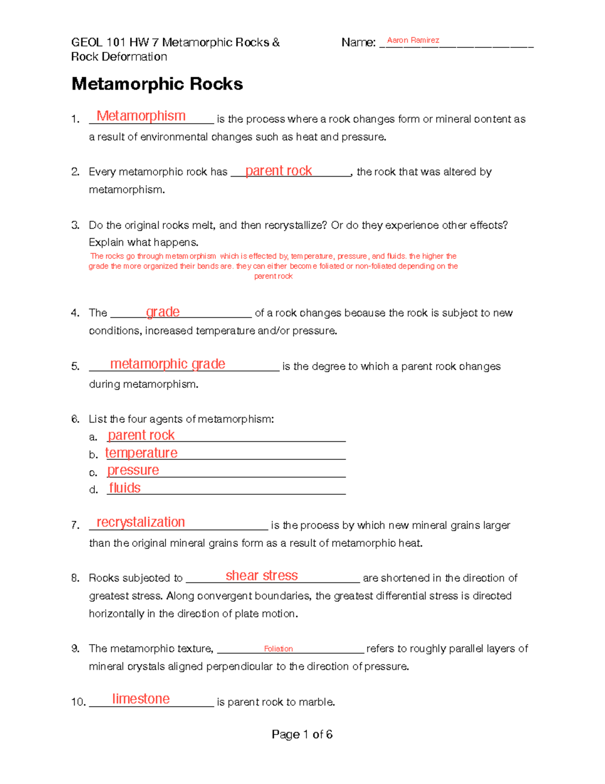 GEOL 101 HW 7 Metamorphic Rocks and Rock Deformation - Rock Deformation ...