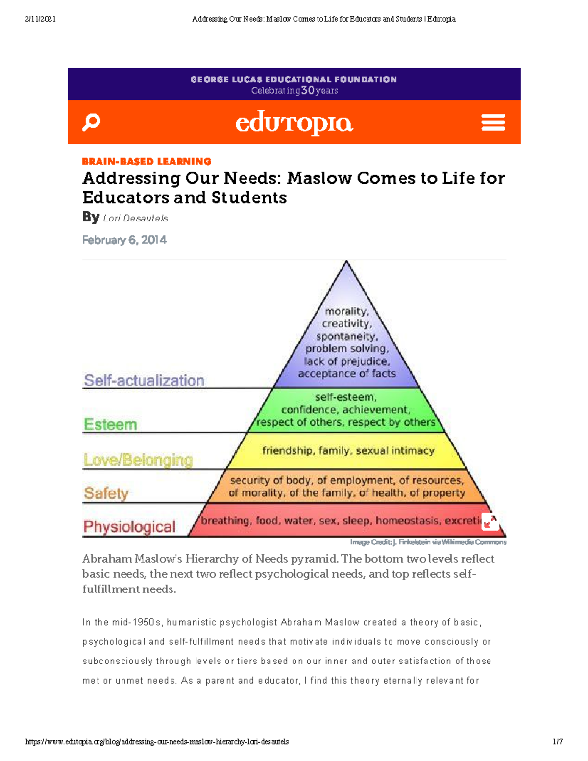 Addressing Our Needs Maslow Comes to Life for Educators and Students ...