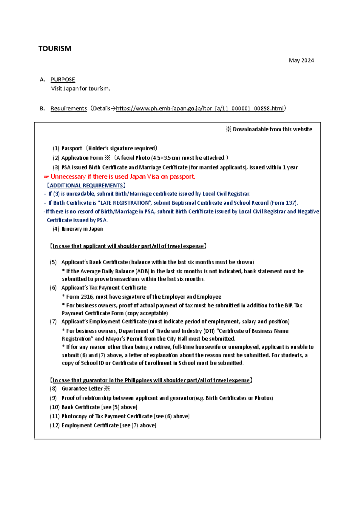 100508281 - Japan Tourism - TOURISM May 2024 A. PURPOSE Visit Japan for ...