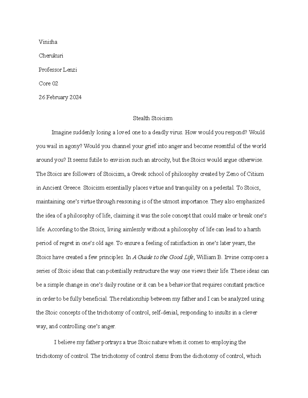 Core 02 - final draft of essay - Vinisha Cherukuri Professor Lenzi Core ...