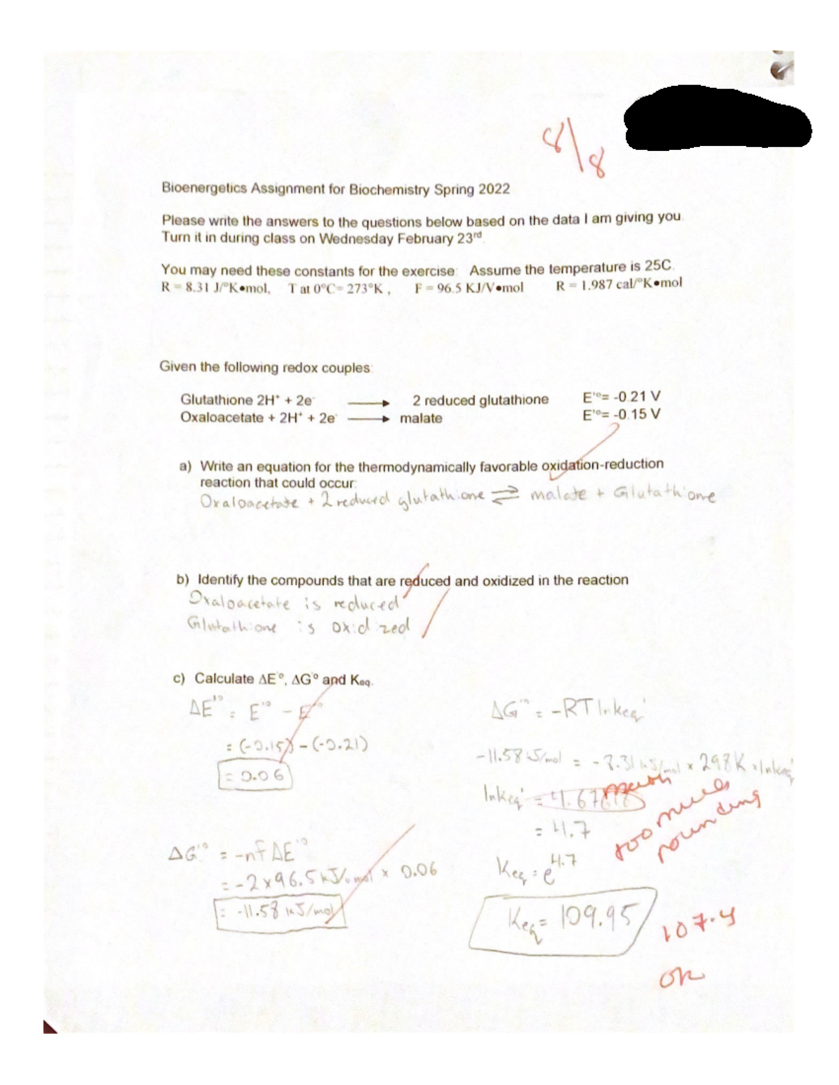 Bioenergetics Assignment for Biochemistry Spring 2022 - Assume the ...