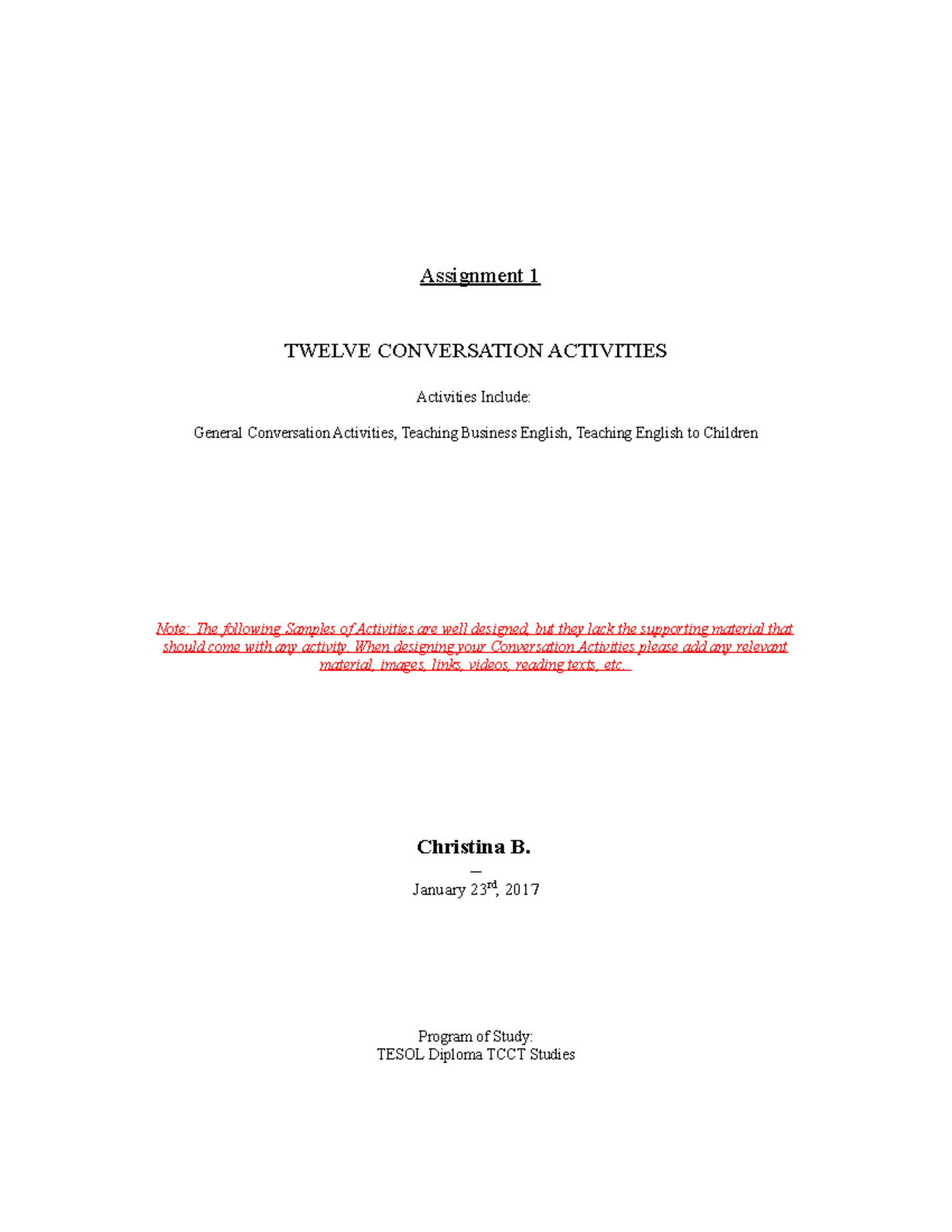 Sample+1-+Conversation+Activities - Assignment 1 TWELVE CONVERSATION ...