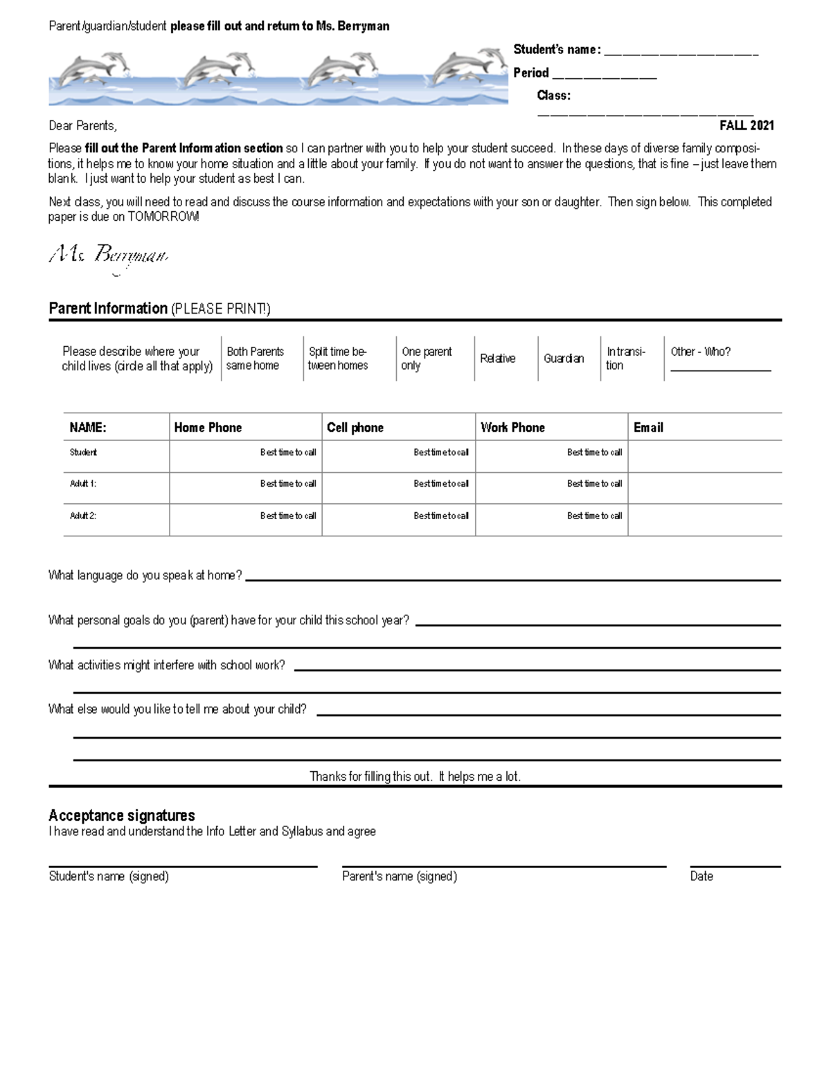 1 Parent Info improved 2 - Parent/guardian/student please fill out and ...