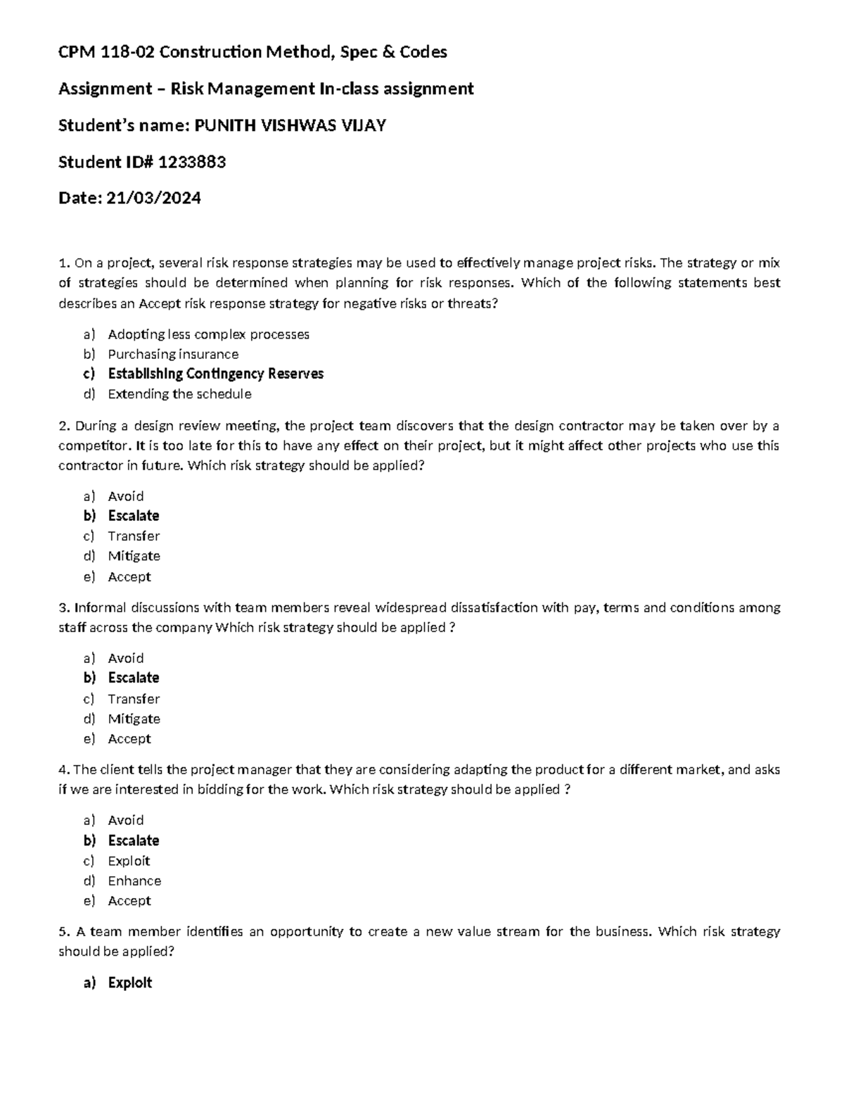 1 Risk Manasgment in class assignment without answer - CPM 118-02 Construction Method, Spec ...