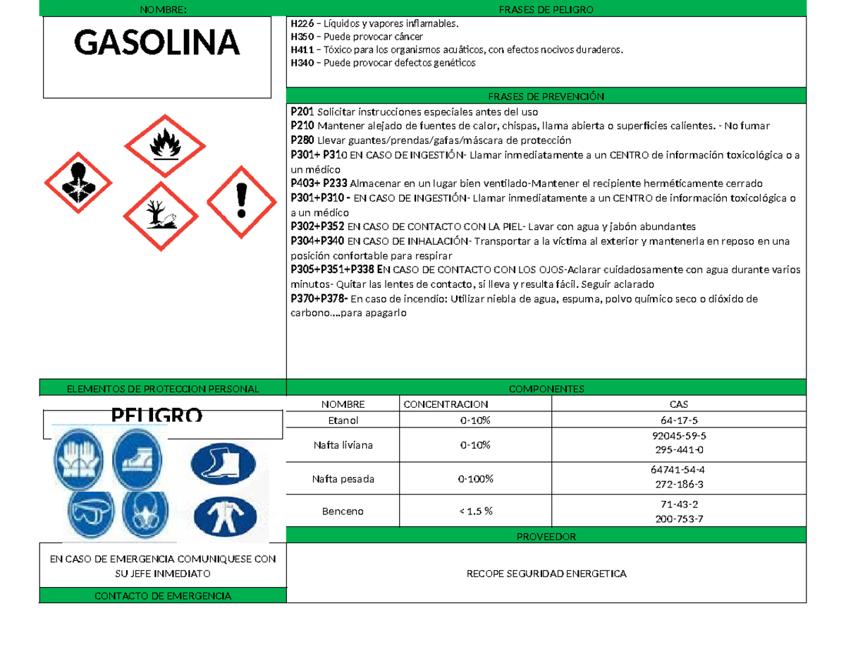Etiqueta gasolina - NINGUNA - NOMBRE: FRASES DE PELIGRO GASOLINA H226 – Líquidos y vapores - Studocu