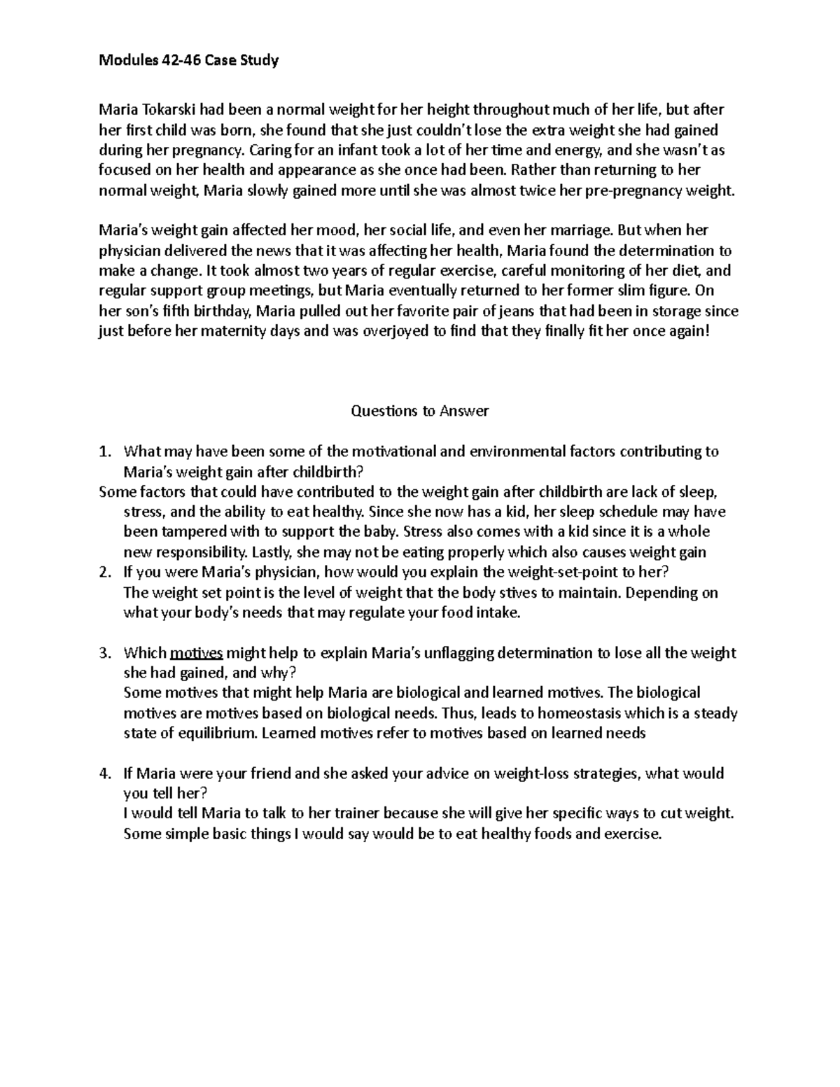 Modules 42-46 Case Study ab - Modules 42-46 Case Study Maria Tokarski had been a normal weight ...