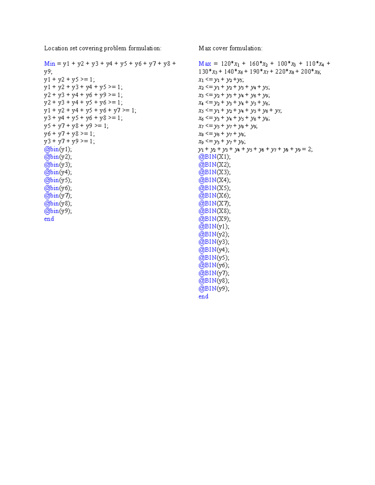 Class 7b, covering formulations - Location set covering problem ...