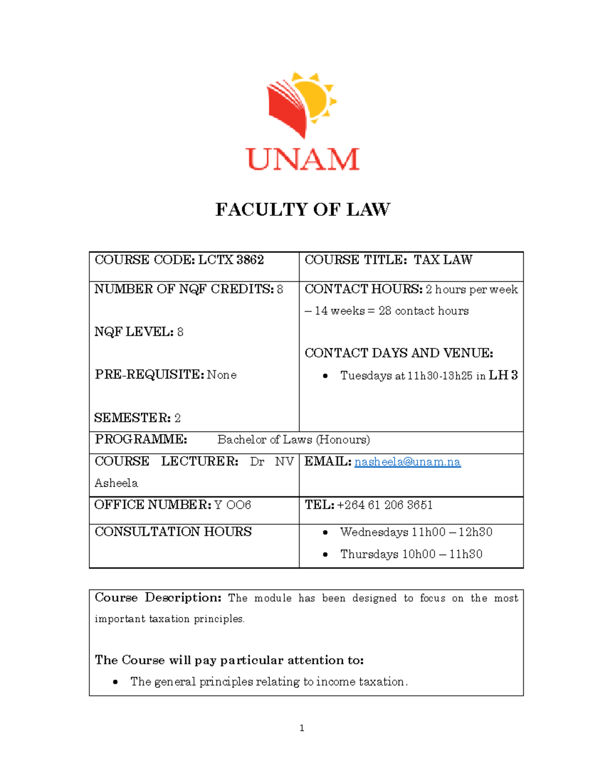 Tax Law Course Outline - FACULTY OF LAW COURSE CODE: LCTX 3862 COURSE ...