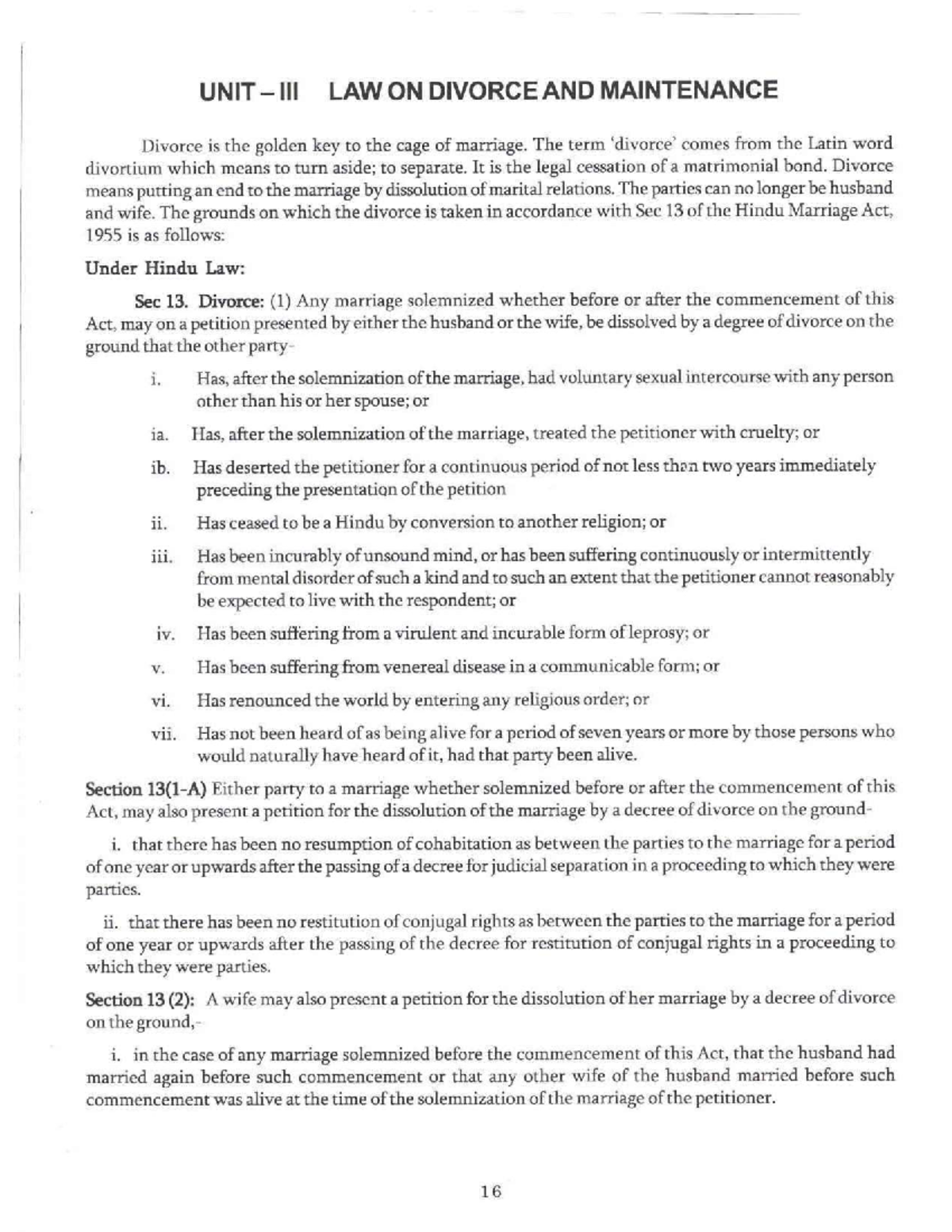 Law on Divorce and Maintenance - Family Law - I - Studocu