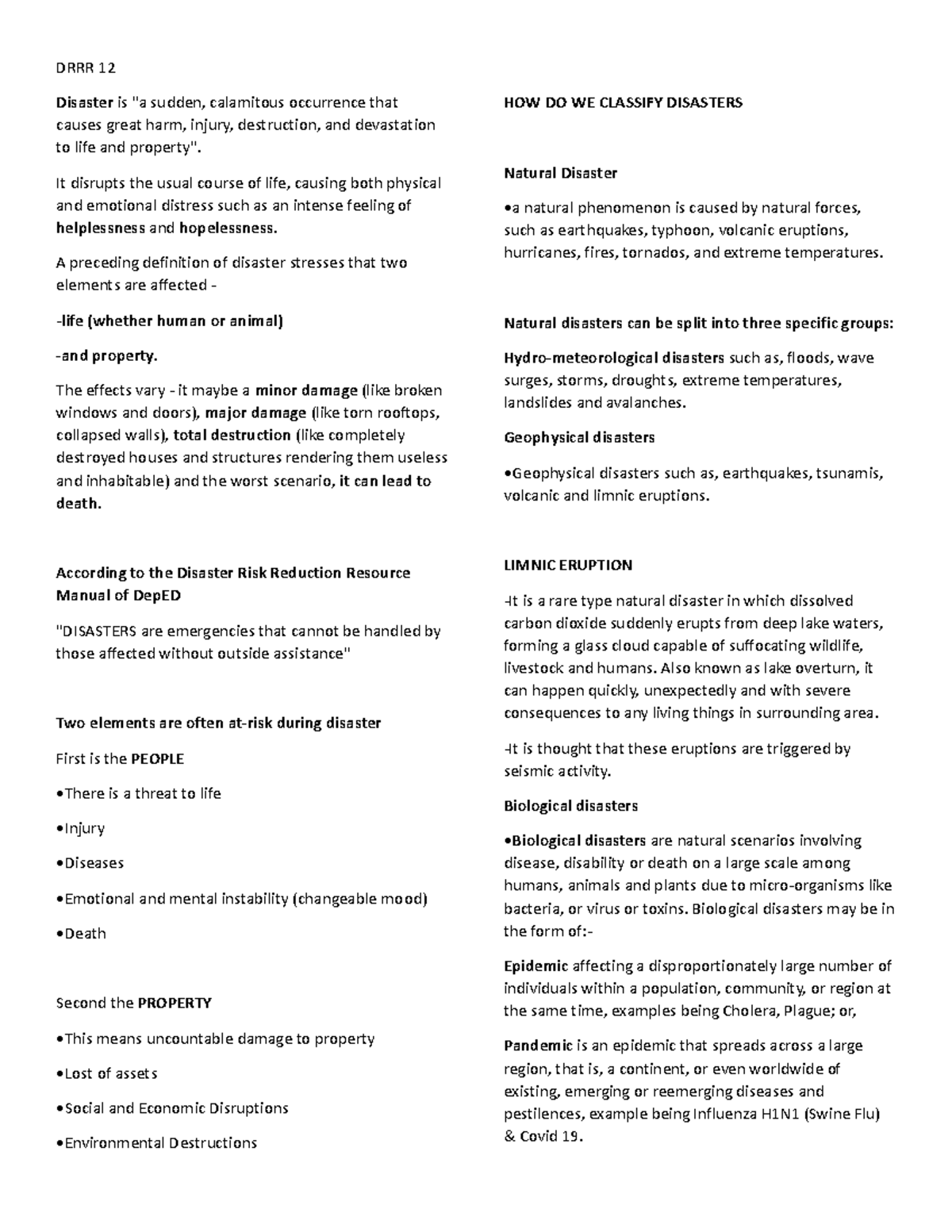 DRRR 12- week 1-2 - DRRR 12 Disaster is "a sudden, calamitous ...