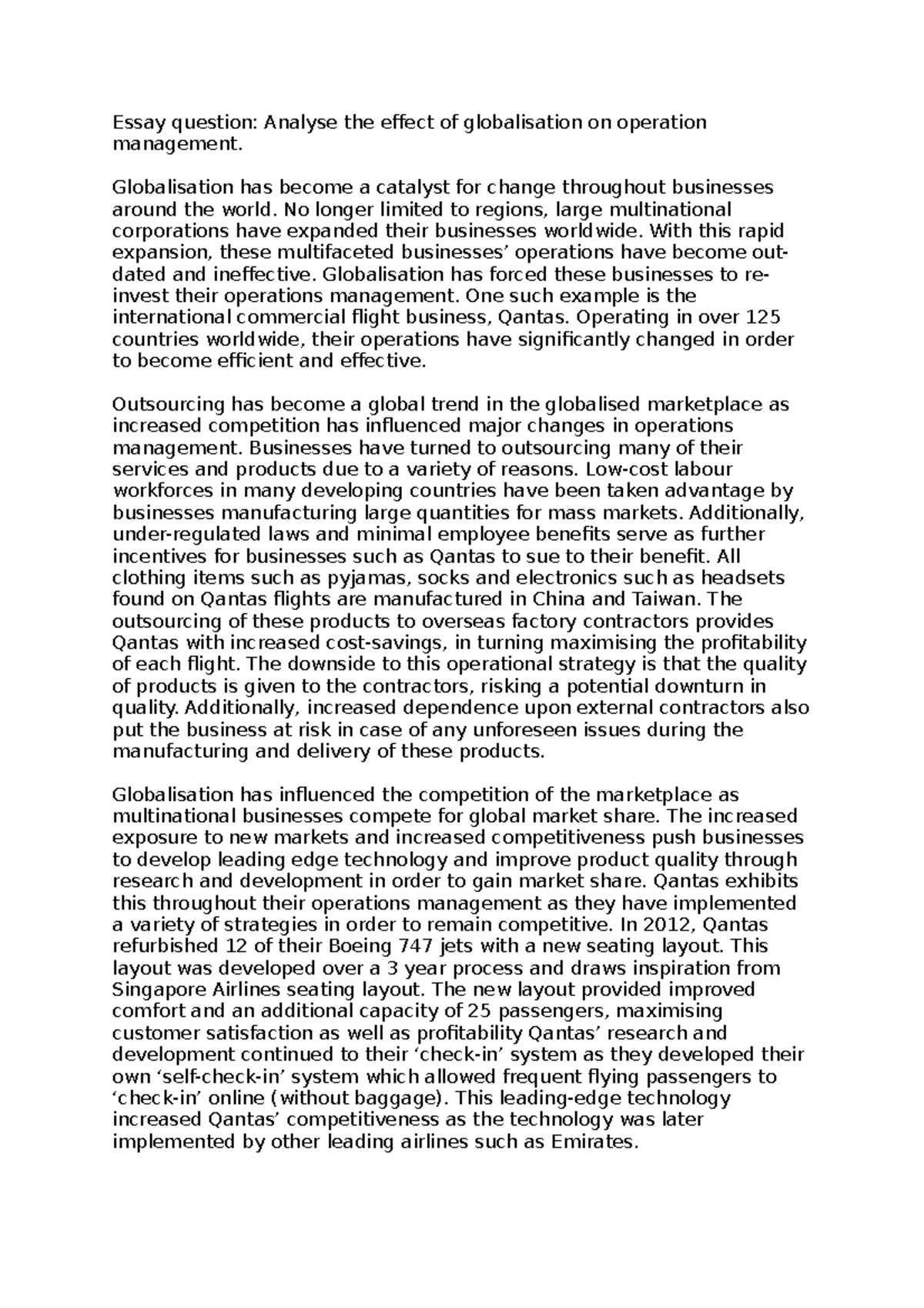 Operations essay - Essay question: Analyse the effect of globalisation on operation management ...