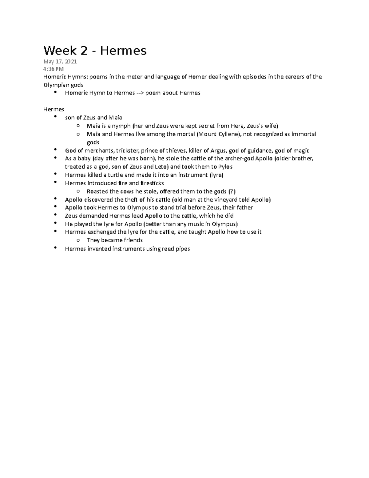 CLAS 201 Week 2 - Hermes - Notes for week 2 - Week 2 - Hermes May 17 ...