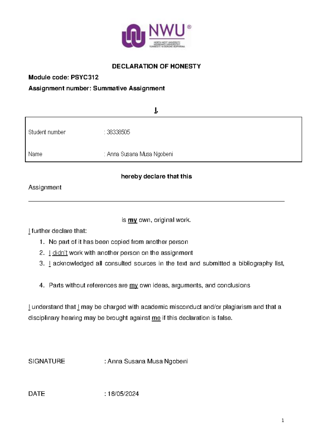 2024 Code of Conduct Assignments - 1 DECLARATION OF HONESTY Module code ...