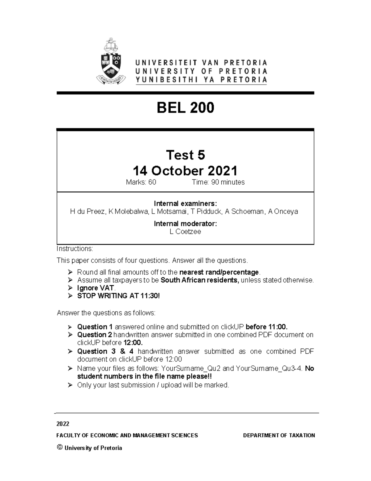 BEL 200 Test 5 Final 2021 Question - Test 5 14 October 2021 Marks: 60 ...