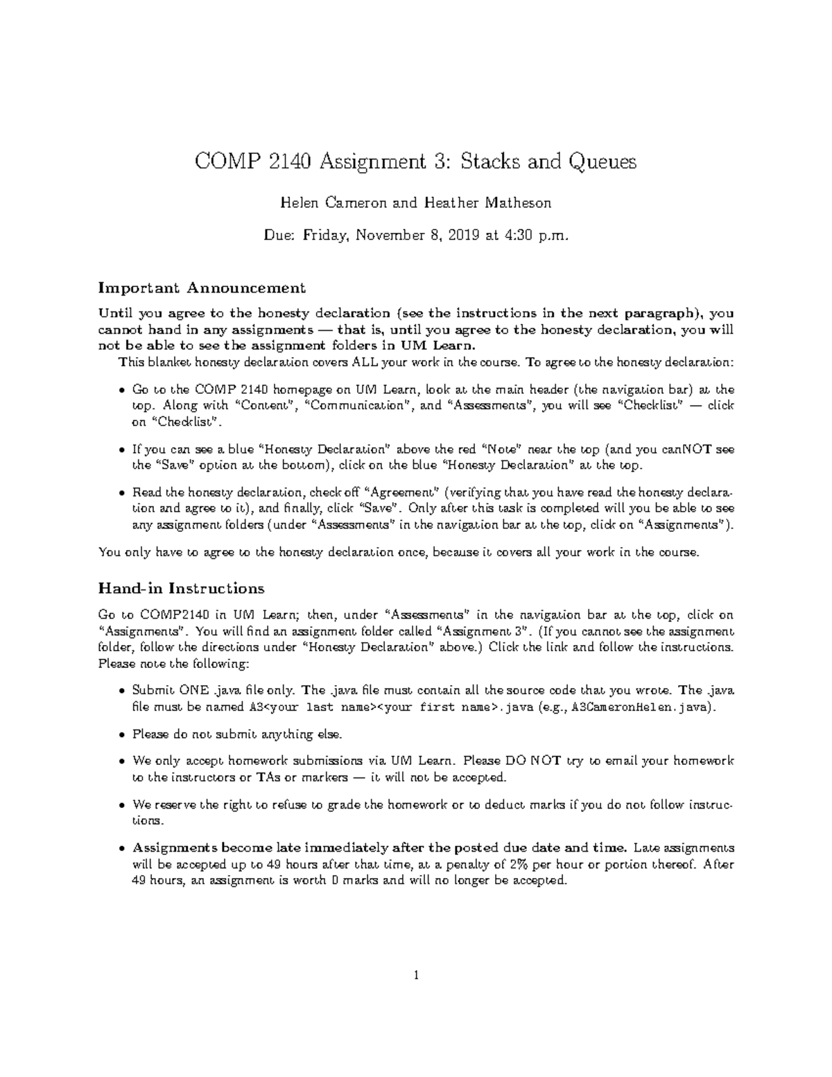 A3-COMP2140-Fall2019 - COMP 2140 Assignment 3: Stacks and Queues Helen Cameron and Heather ...