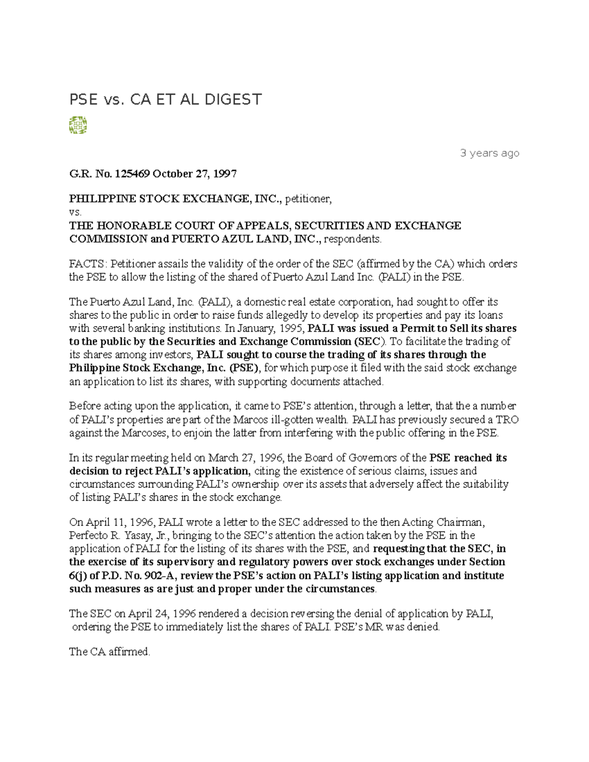 Pse vs ca - Aa aa - case digests PSE vs. CA ET AL DIGEST 3 years ago G ...