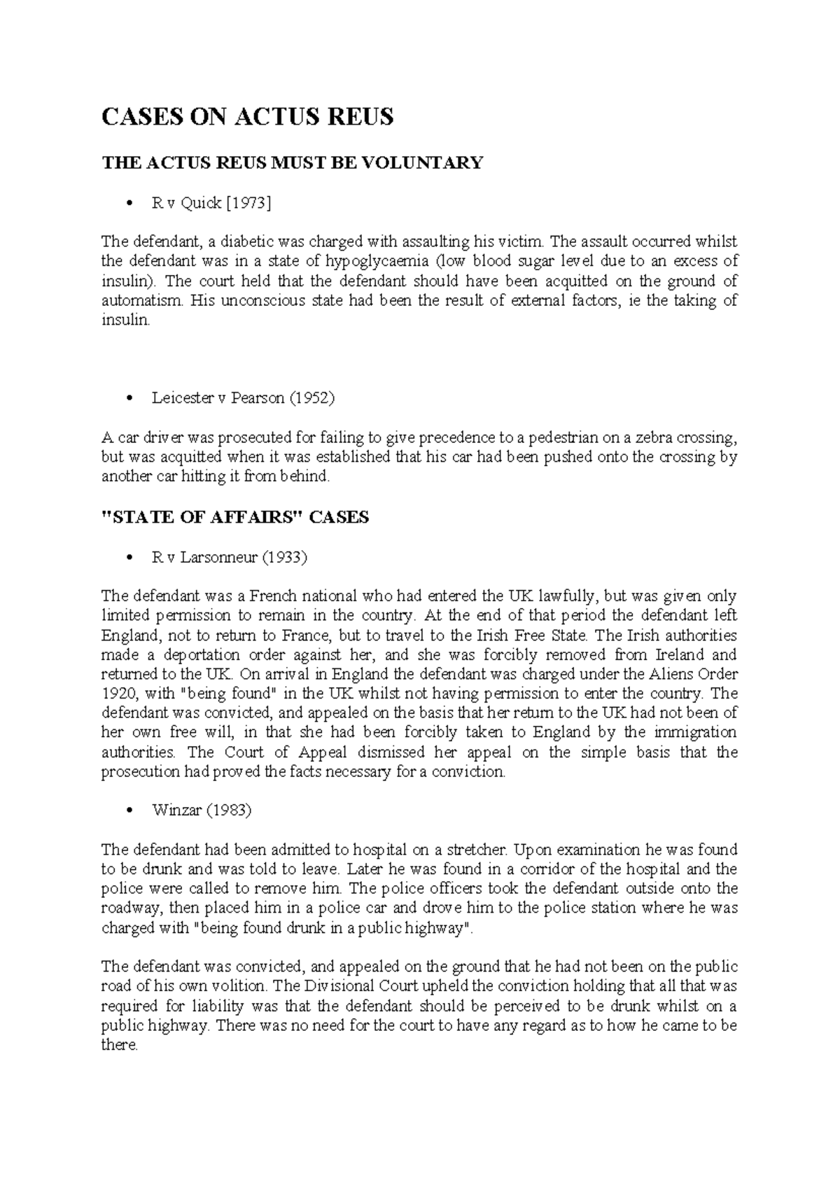 Cases ON Actus REUS - CASES ON ACTUS REUS THE ACTUS REUS MUST BE ...