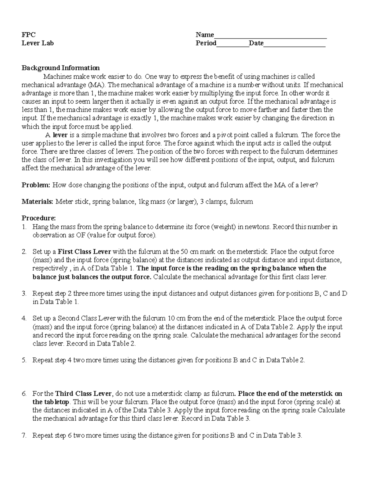 Lever lab1 - FPC Name_______________________________ Lever Lab Period ...