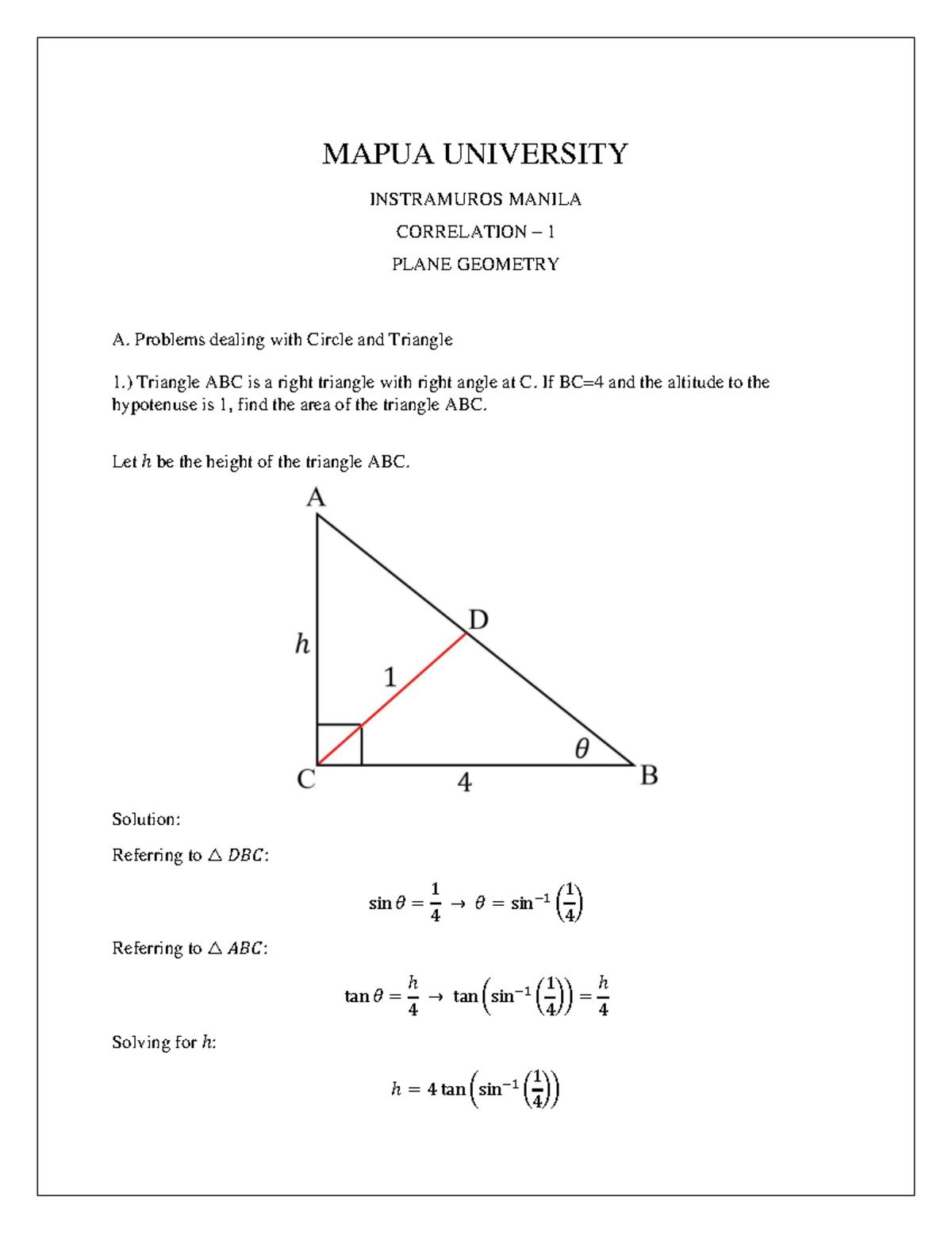 Mapua University - Correlation 1 - Plane Geometry - Solutions - MAPUA UNIVERSITY INSTRAMUROS ...