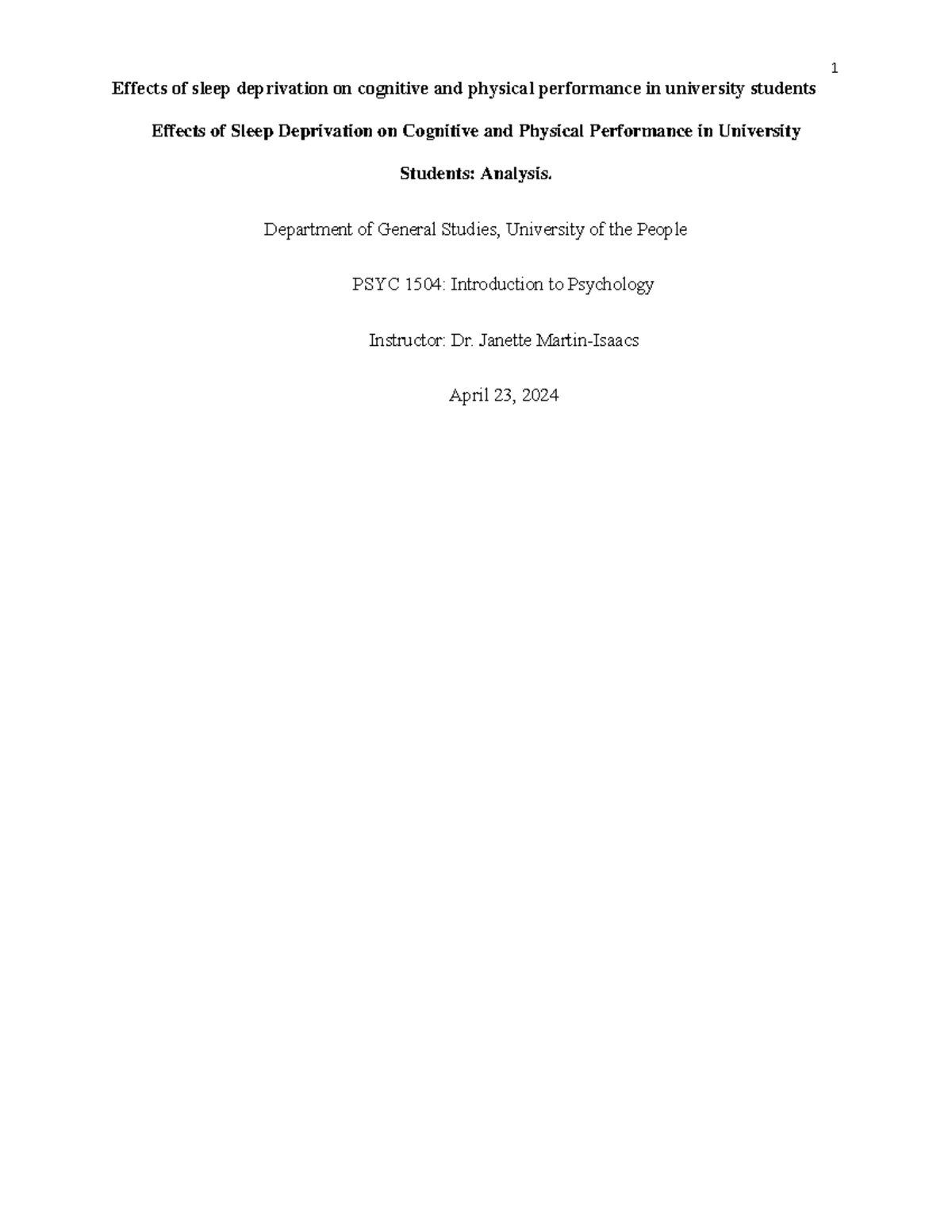 Psyc 1504 - Written Assignment Unit 2 Solution - Effects of sleep ...