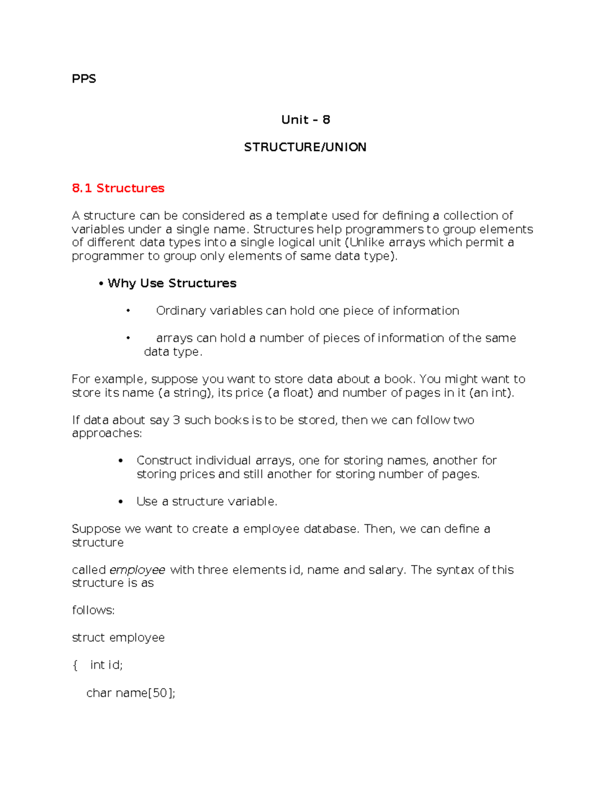 PPS 8 - STRUCTURE/UNION STRUCTURES, ACCESSING STRUCTURE ELEMENTS, WAY OF STORAGE OF - PPS Unit ...