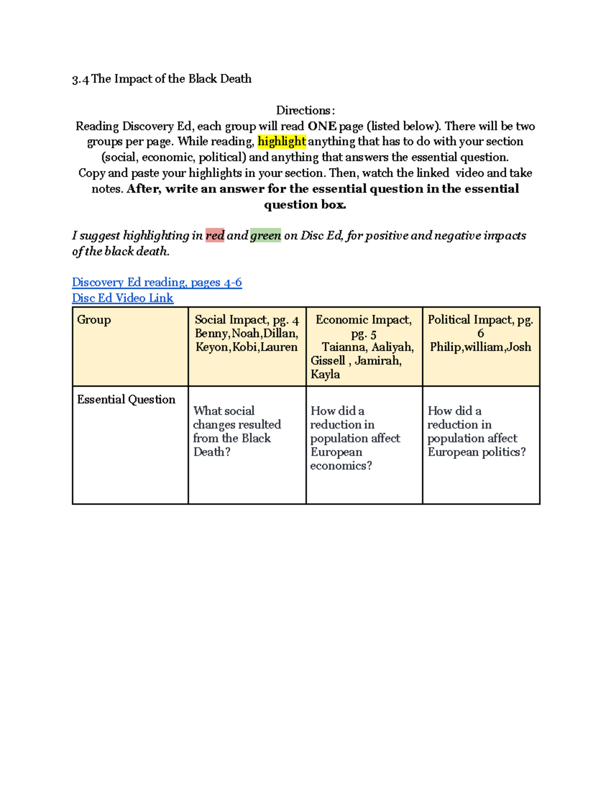 1A 3.4 Impact of Black Death Worksheet - 3 The Impact of the Black ...