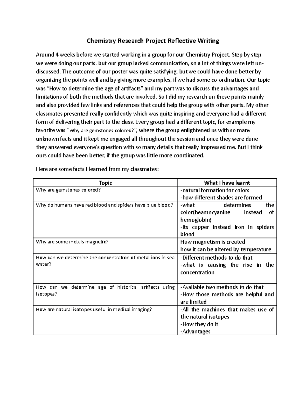 MUFY Chemistry Research Project Reflective Writing - Chemistry Research ...