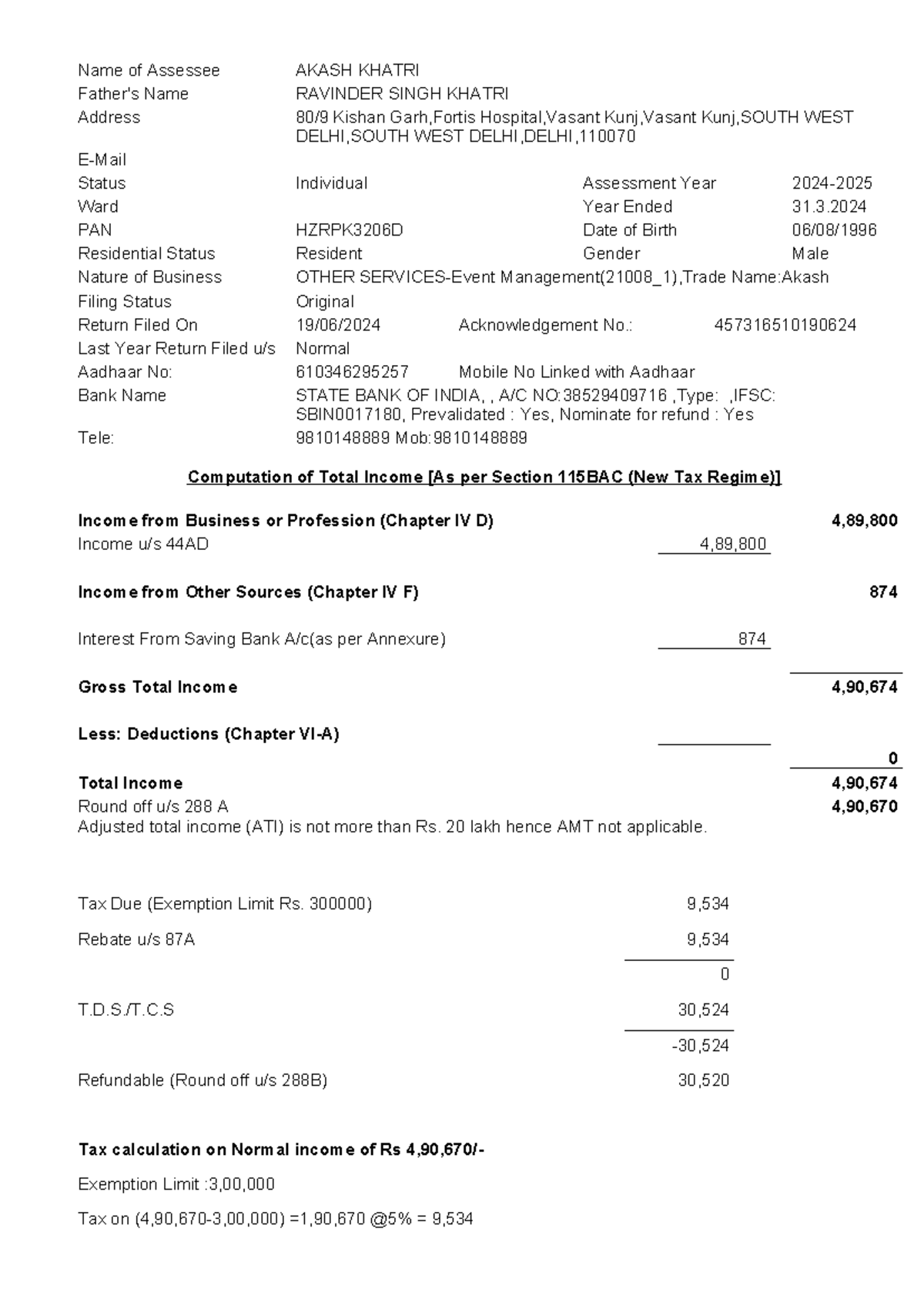 Aksh Comuptation - Name of Assessee AKASH KHATRI Father's Name RAVINDER ...