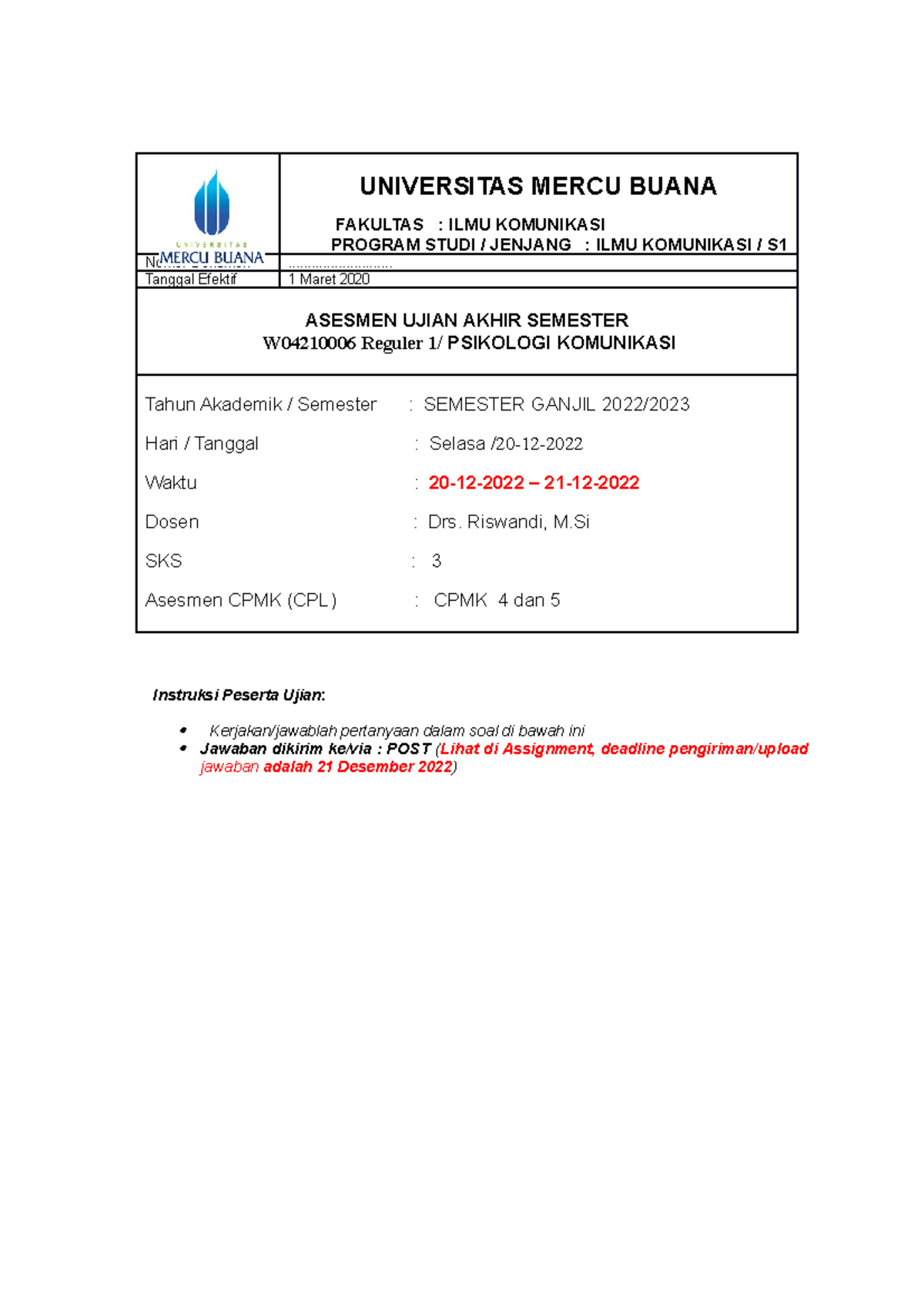 Soal Psikom Sl 10.15 - UNIVERSITAS MERCU BUANA FAKULTAS : ILMU KOMUNIKASI PROGRAM STUDI ...
