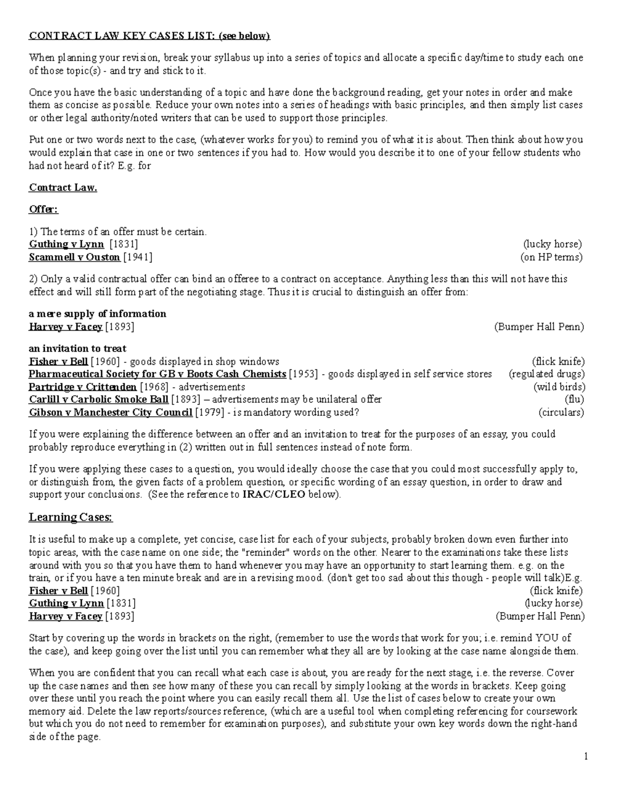 Contract Cases List*** - CONTRACT LAW KEY CASES LIST: (see below) When ...