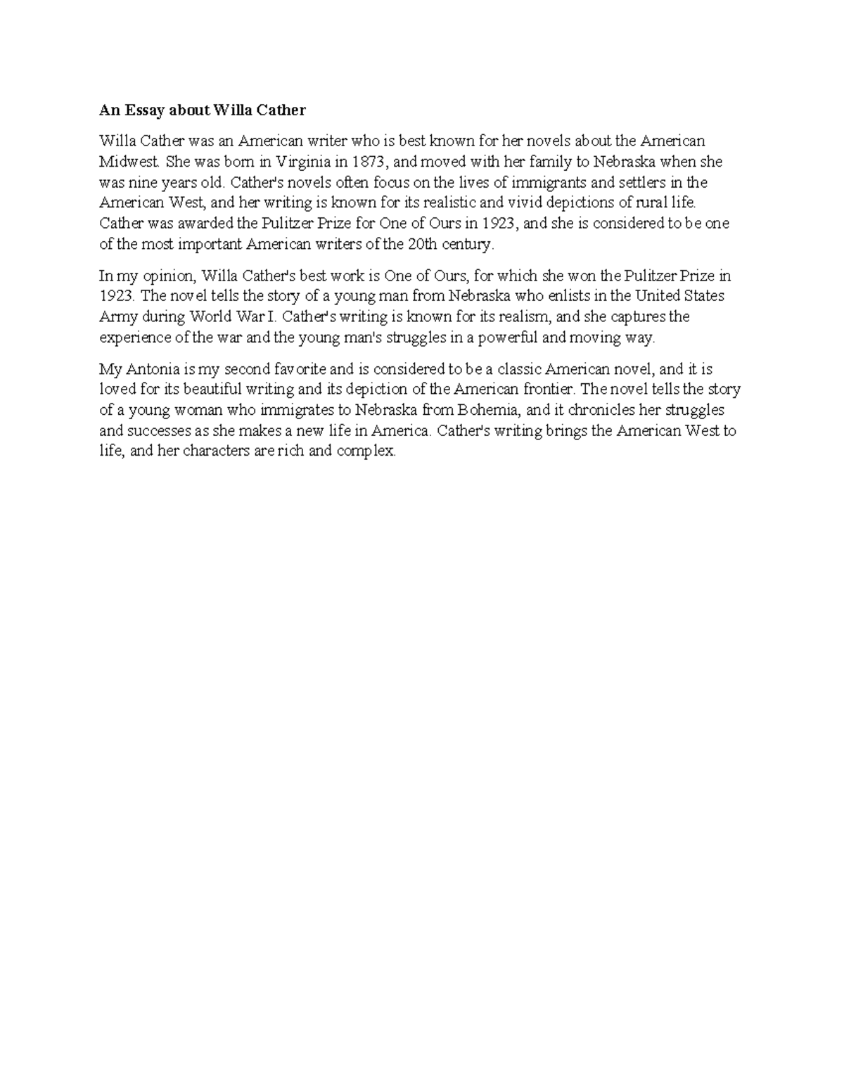 An Essay about Willa Cather - An Essay about Willa Cather Willa Cather ...